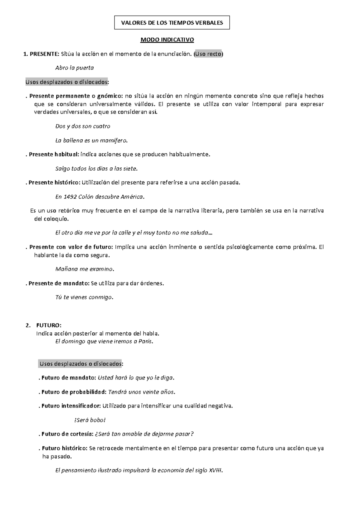Valores de los tiempos verbales apuntes para mí - MODO INDICATIVO ...