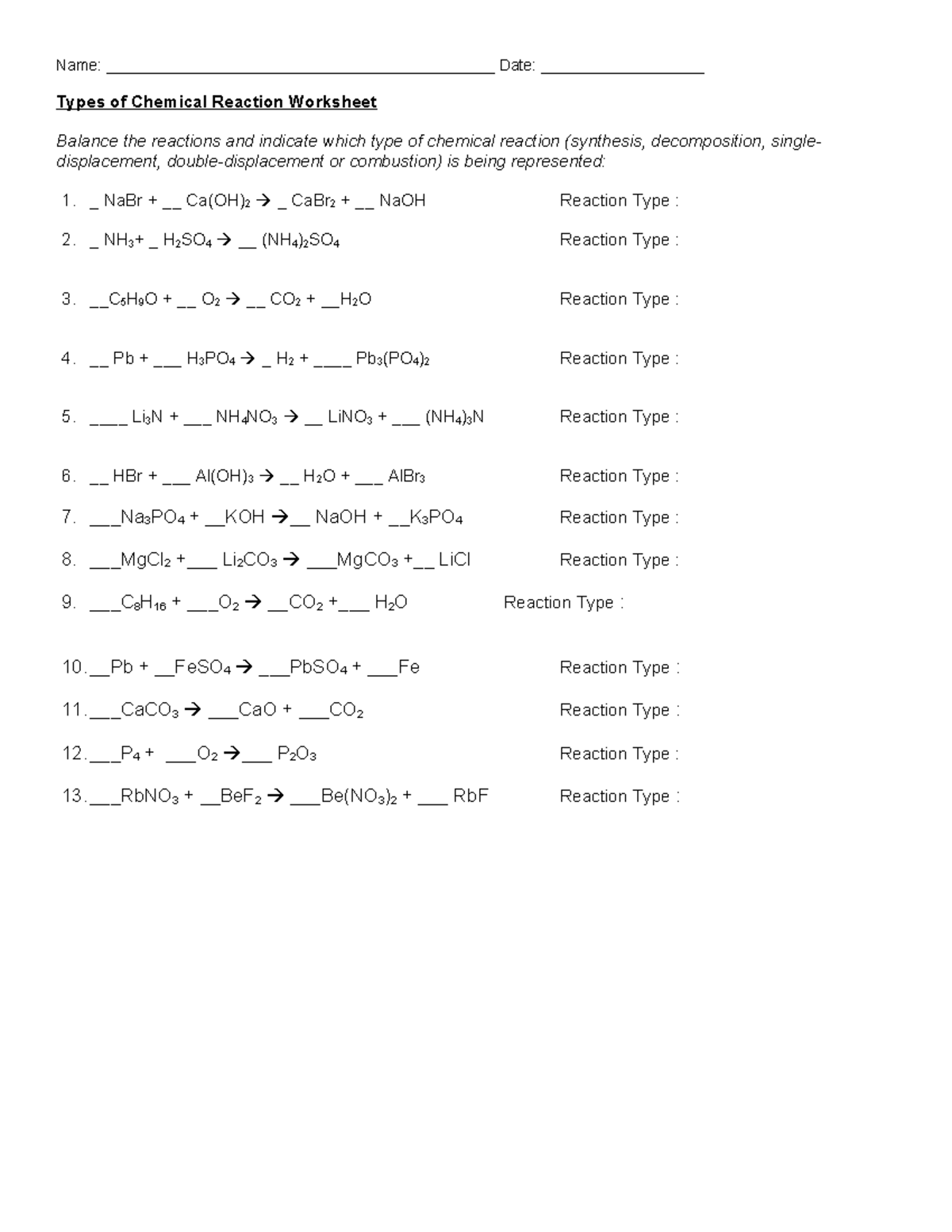 Types of Chemical Reaction Worksheet - Name