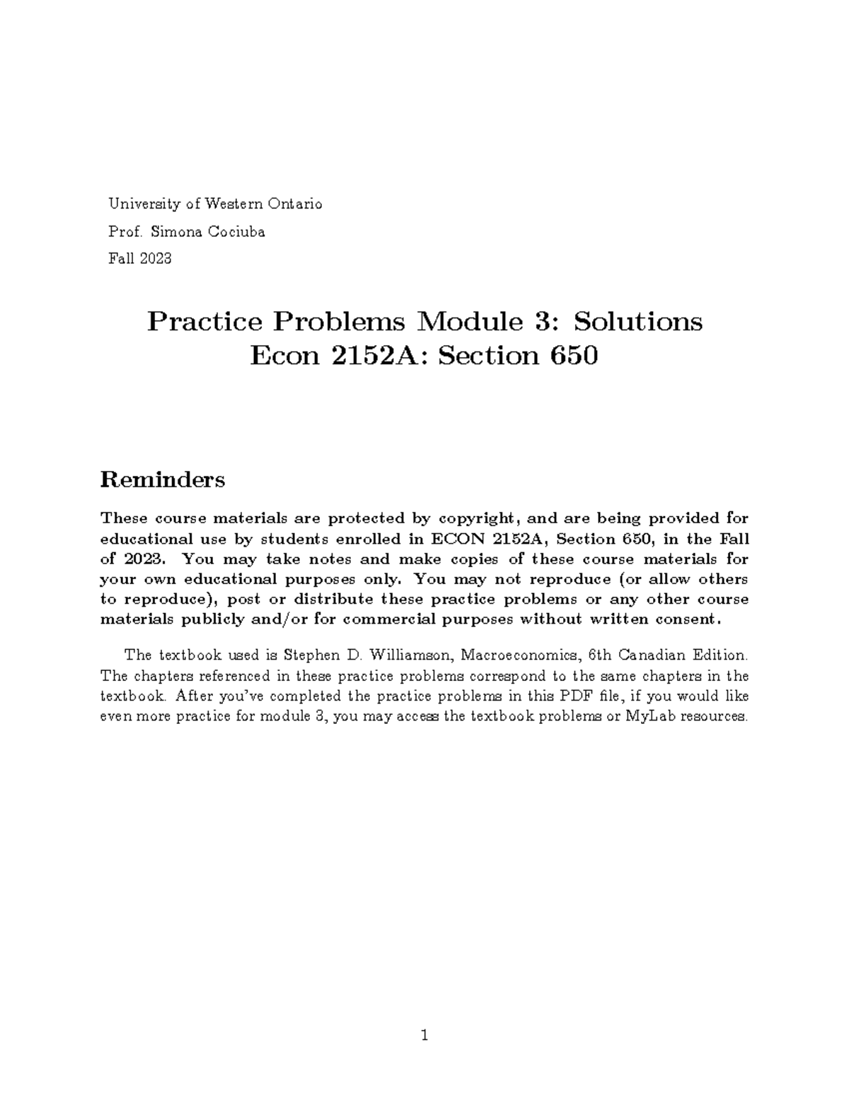 Practice Problems Solutions Module 3 - University of Western Ontario Prof. Simona Cociuba Fall ...