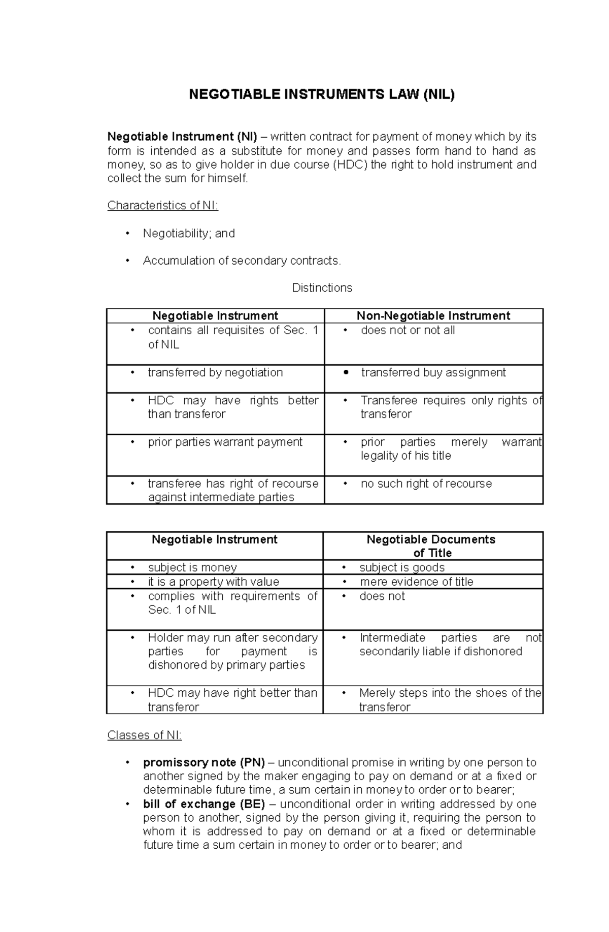 Negotiable Instruments LA - NEGOTIABLE INSTRUMENTS LAW (NIL) Negotiable ...