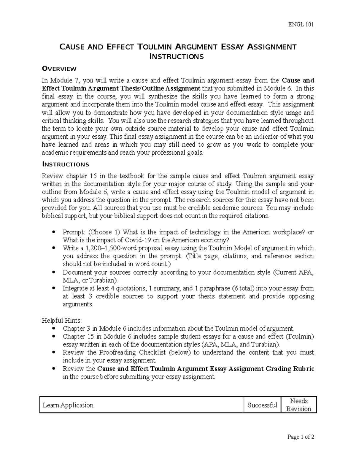 Cause And Effect Toulmin Argument Essay Assignment Instructions Engl 101 Cause And Effect