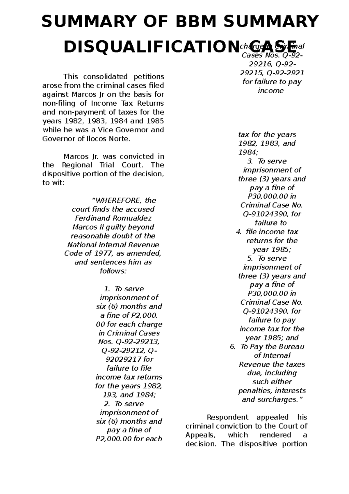 Summary OF BBM DQ CASE - This consolidated petitions arose from the ...