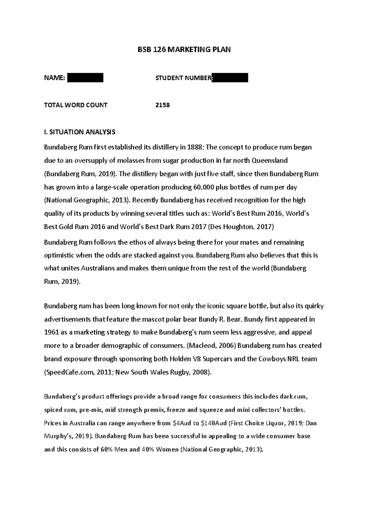 BSB126 Marketing Plan - Grade 6 - BSB 126 MARKETING PLAN NAME: James Staib STUDENT NUMBER: n ...