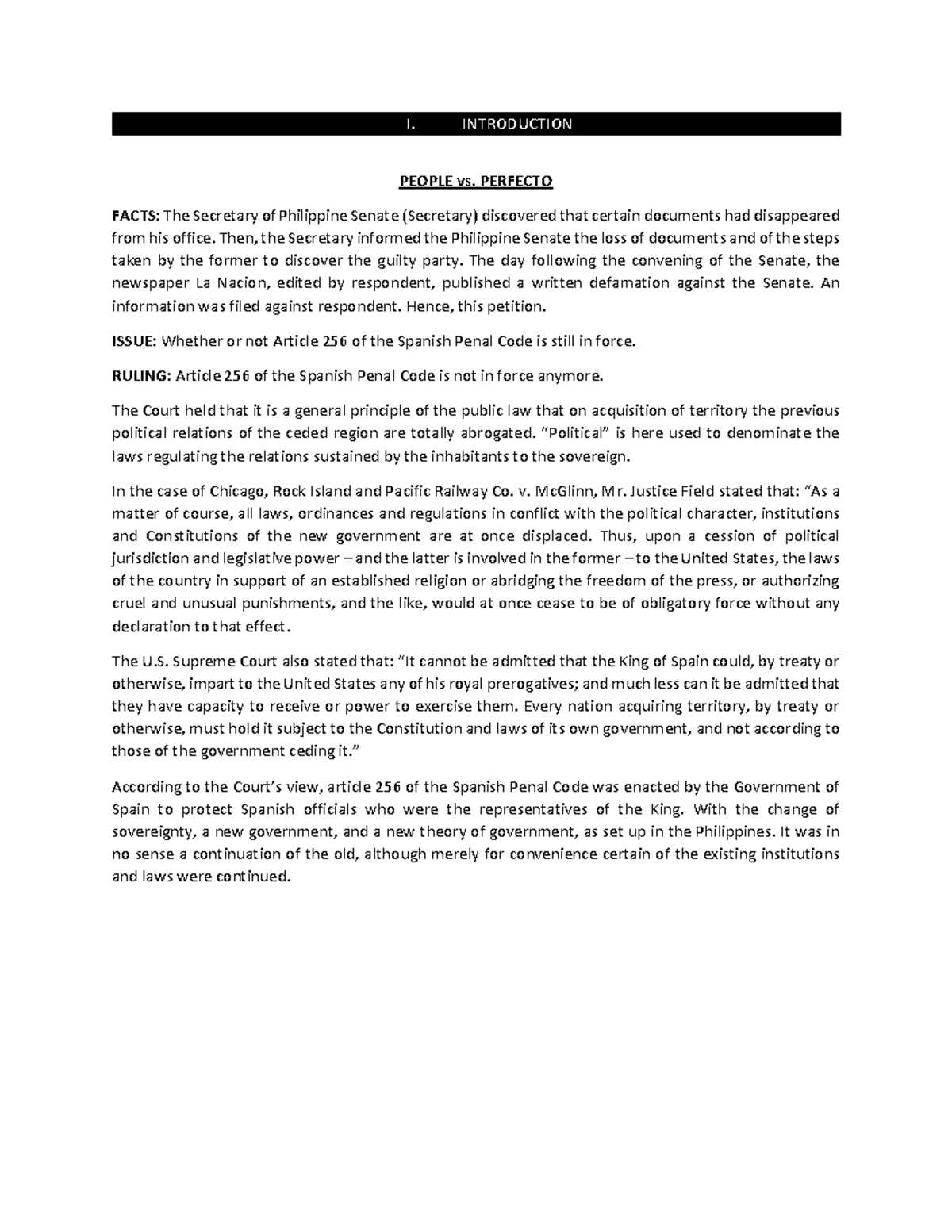 Political Law I case digests - I. INTRODUCTION PEOPLE vs. PERFECTO ...