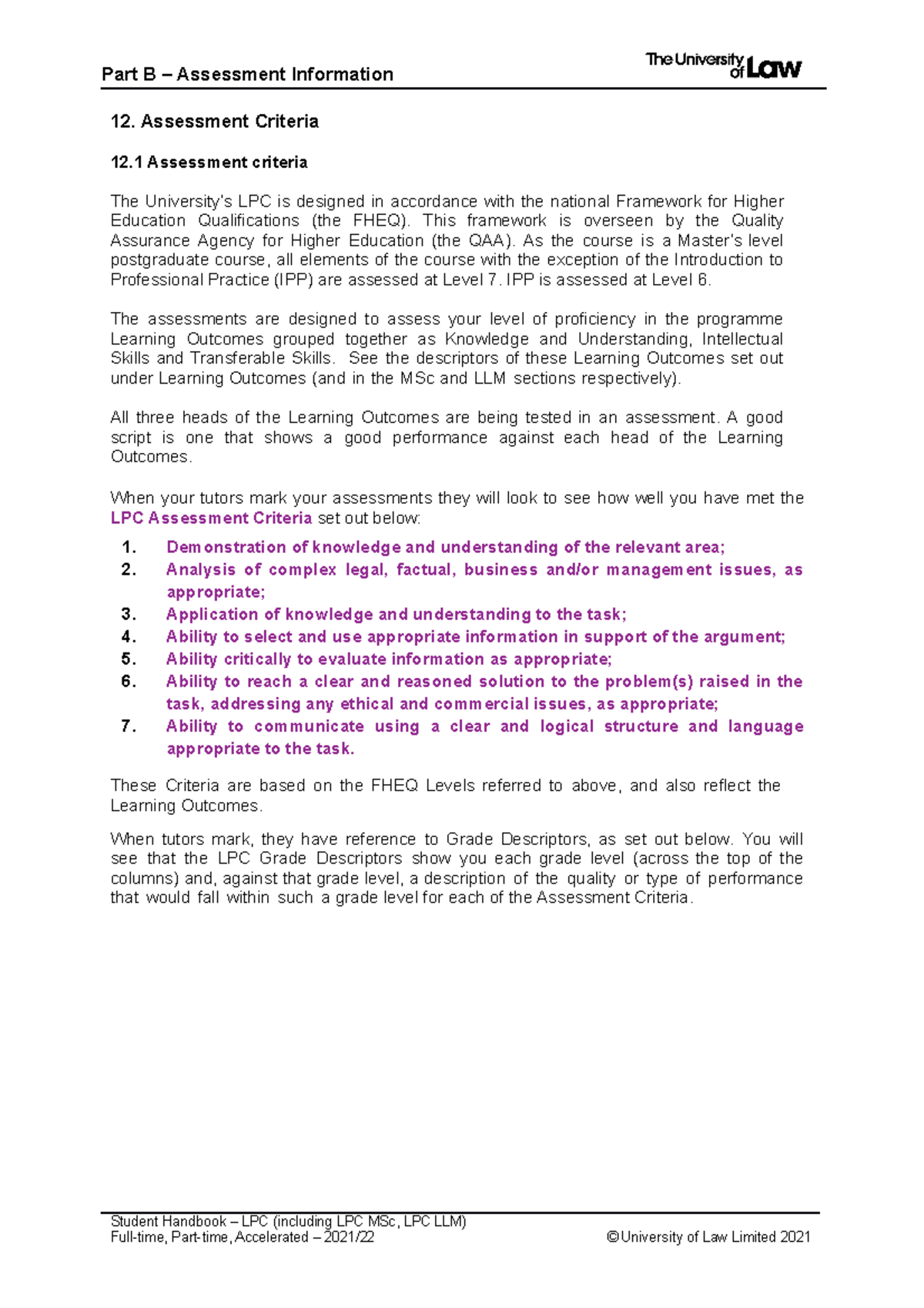 Assessment Criteria for assignments and work - Part B – Assessment ...