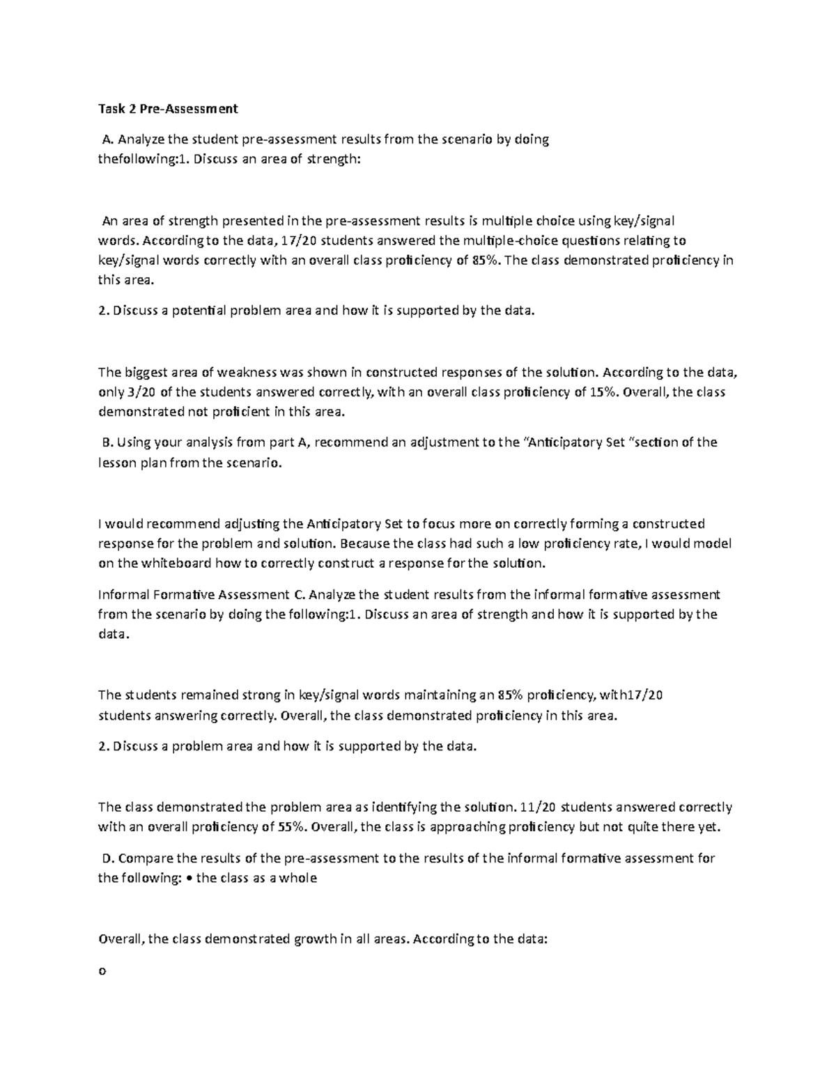 Task 2 Pre - task2 - Task 2 Pre-Assessment A. Analyze the student pre-assessment results from ...