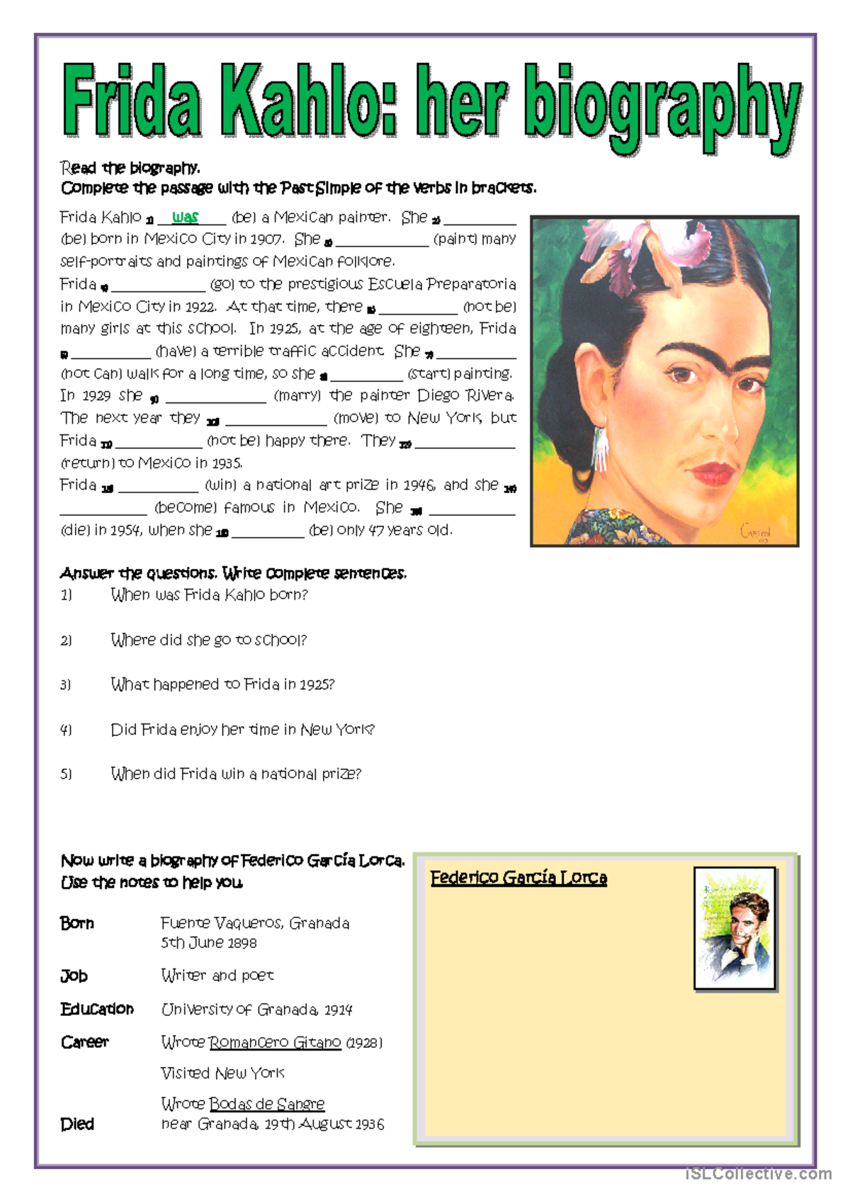Frida Kahlo HER Biography - Read the biography. Complete the passage ...