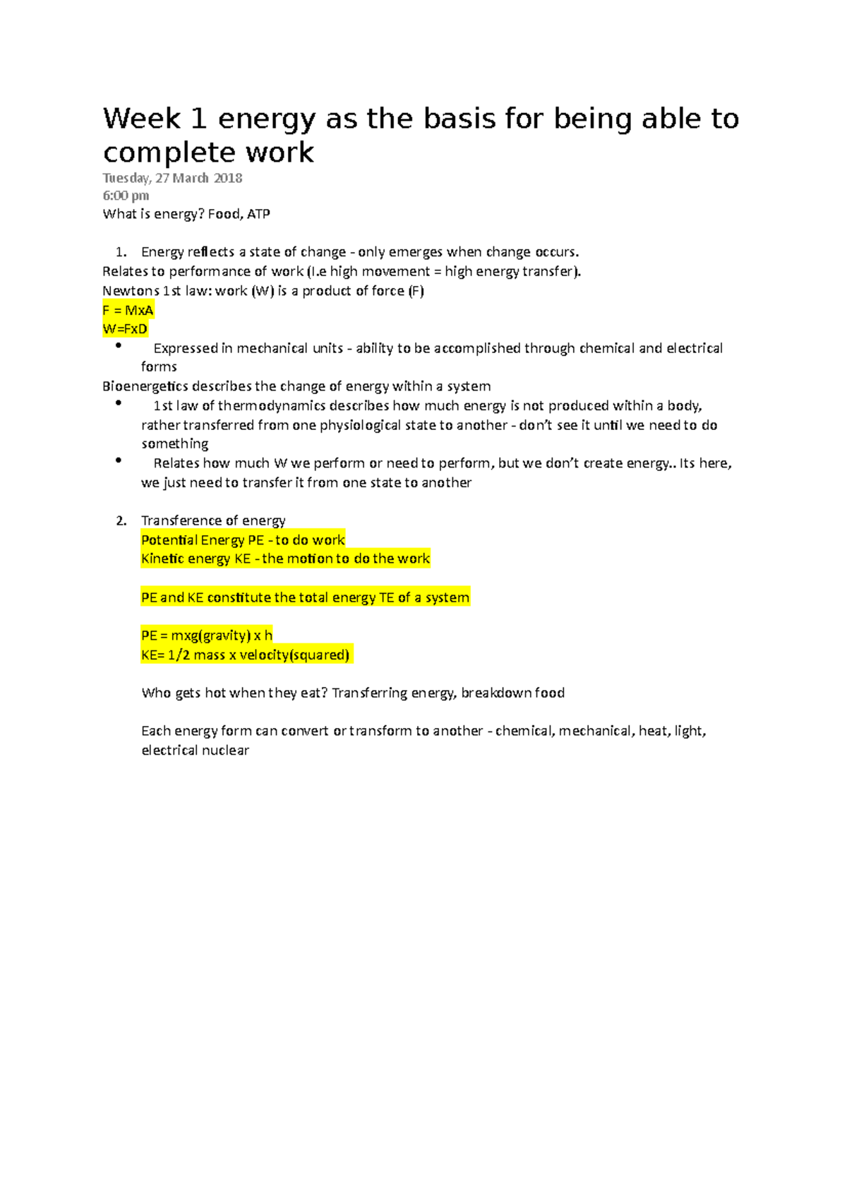 Week 1 energy as the basis for being able to complete work - Energy ...