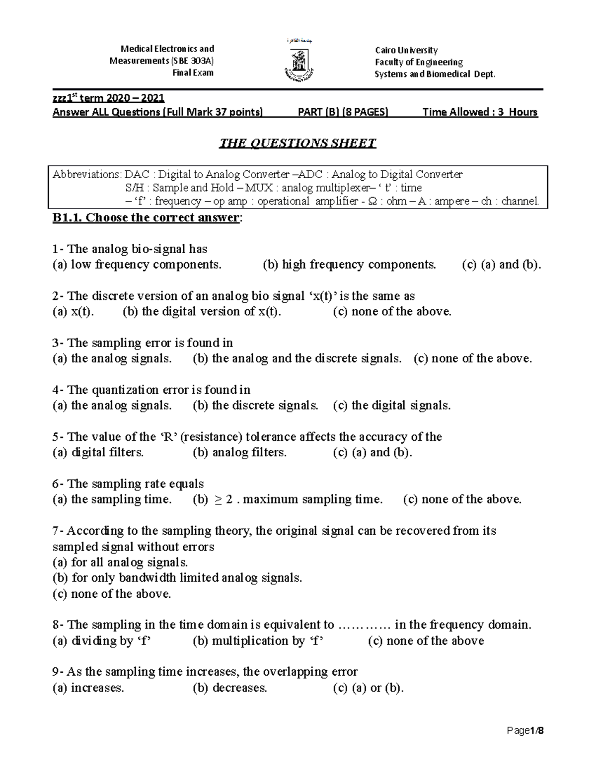 Final Exam 1stelect 2021 - zzz 1 st term 2020 – 2021 Answer ALL ...