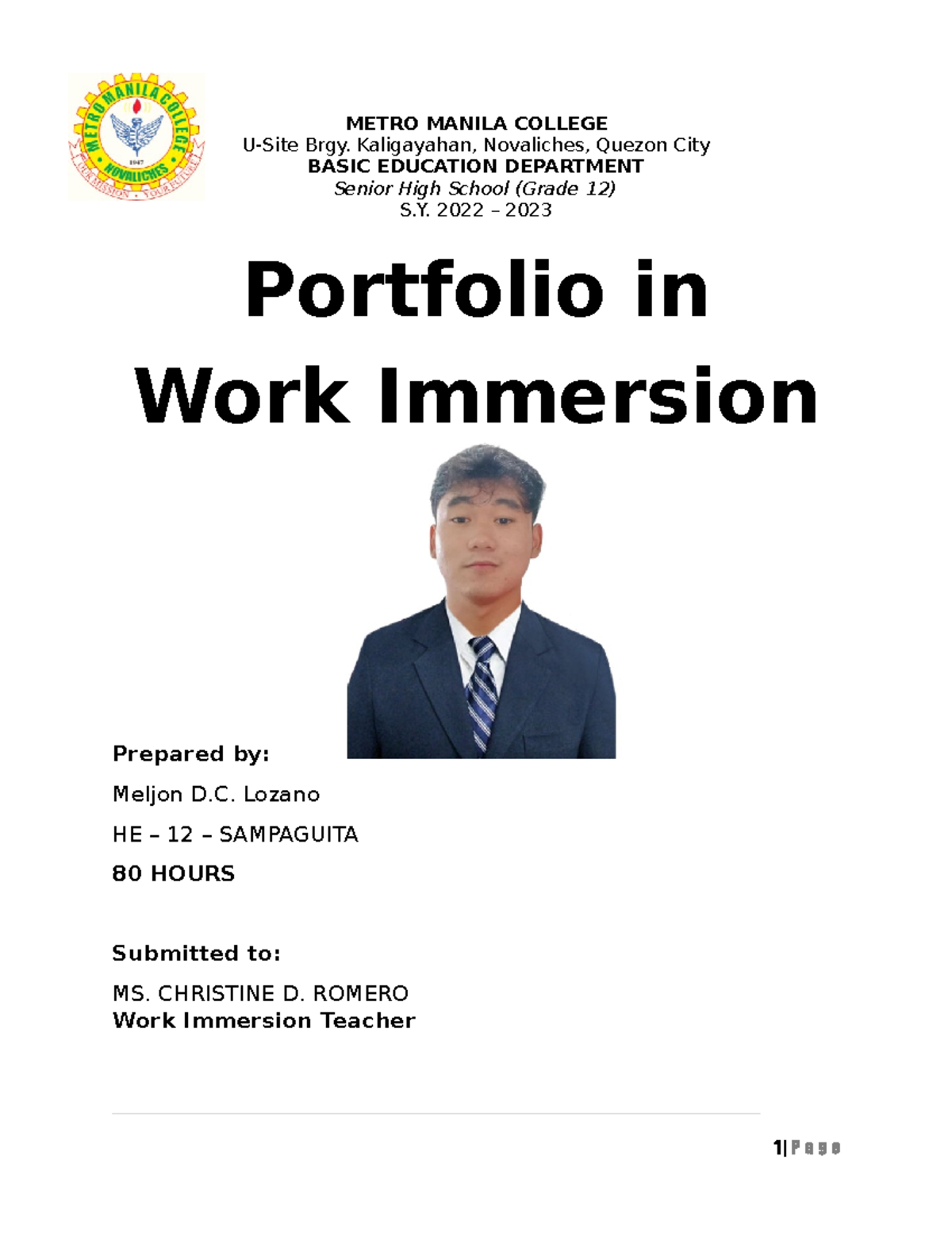 HE WORK Immersion Template - METRO MANILA COLLEGE U-Site Brgy ...