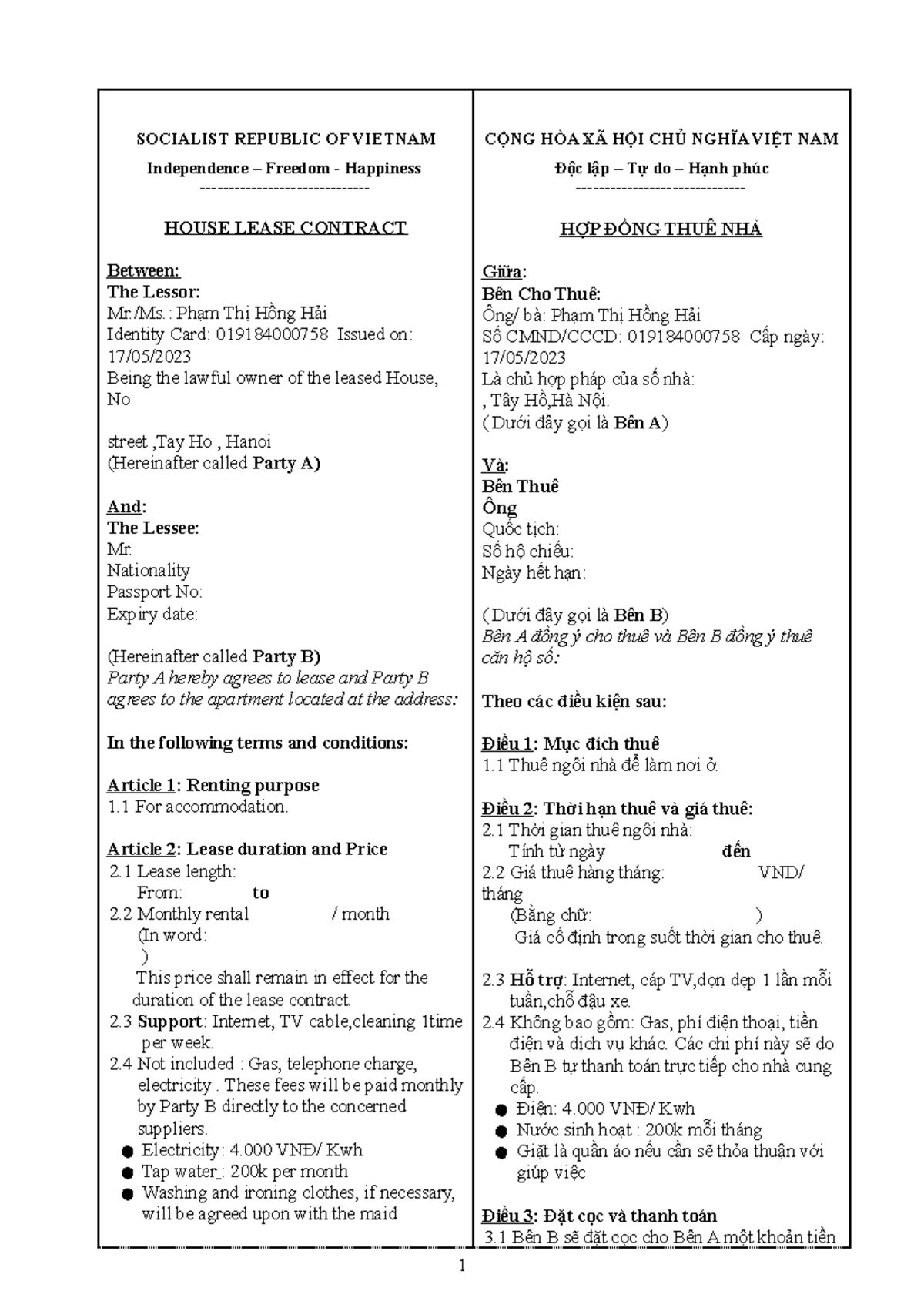 Bản Contract đã chỉnh sửa - SOCIALIST REPUBLIC OF VIETNAM Independence ...