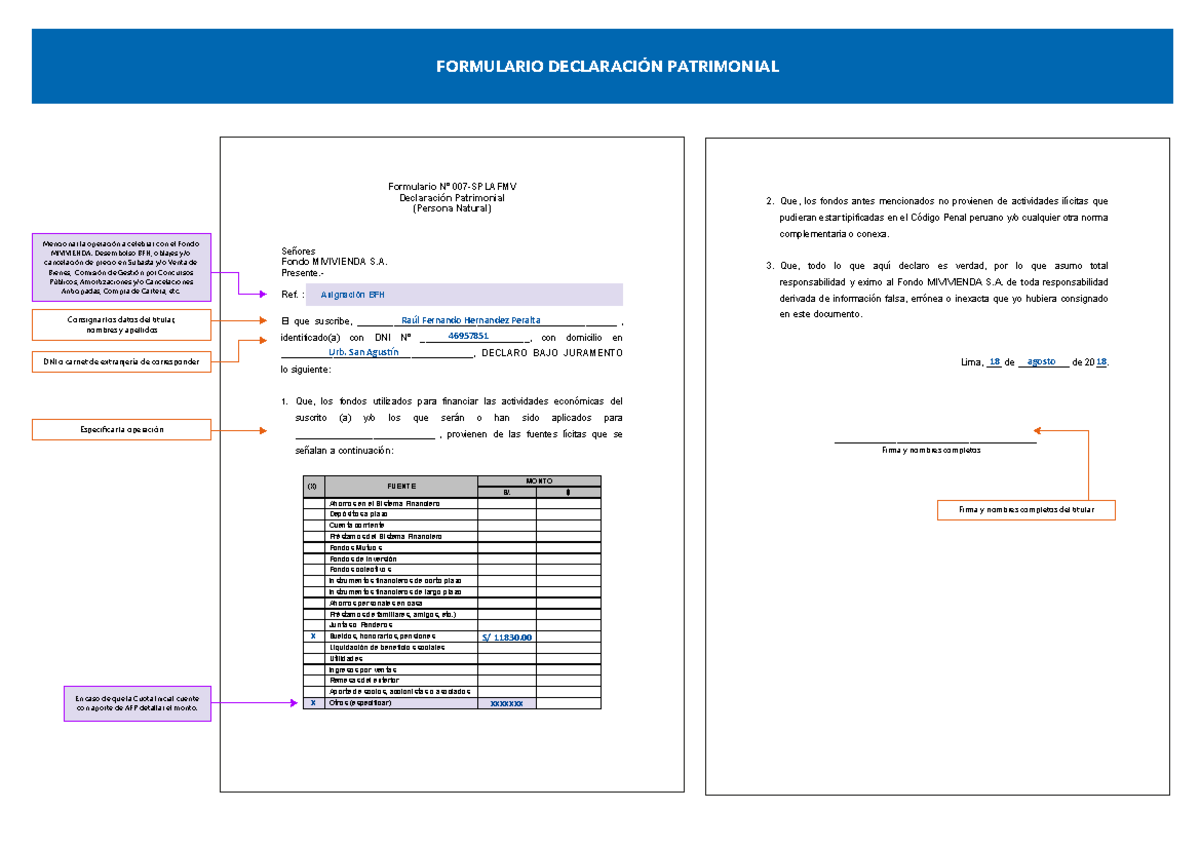 Formulario N° 007 - Splafmv - FORMULARIO DECLARACIÓN PATRIMONIAL ...