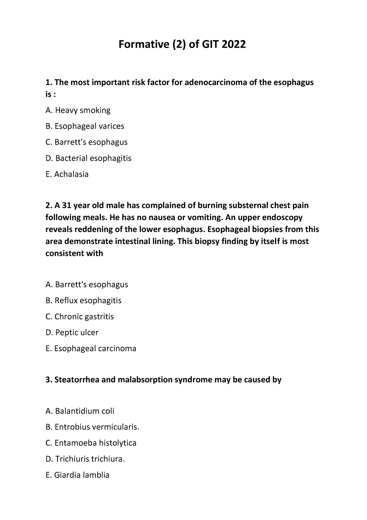 Formative (2) 2022 - Physiology - Formative (2) of GIT 2022 The most ...