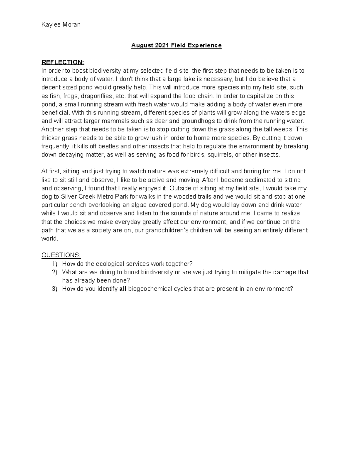 August 2021 Field Experience - Kaylee Moran August 2021 Field ...