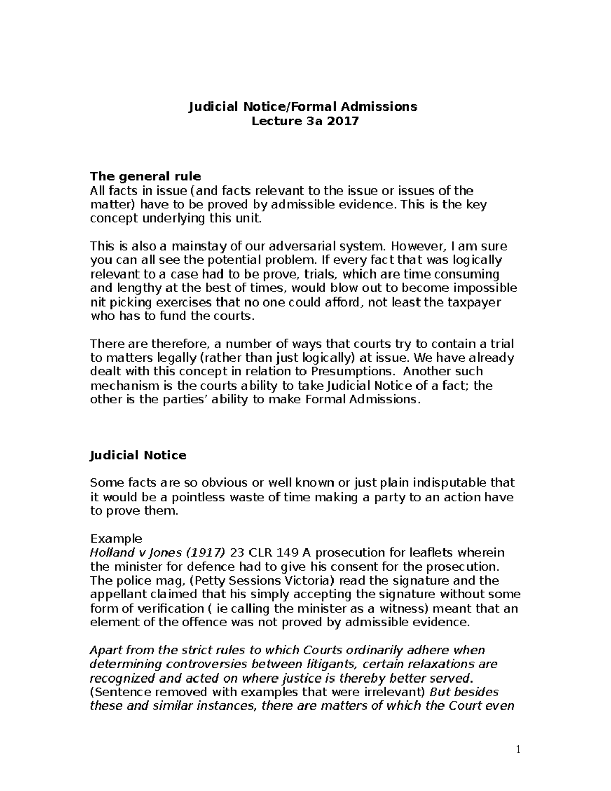 Evidence Lecture 3a 2017 - Judicial Admissions Lecture 3a 2017 The ...