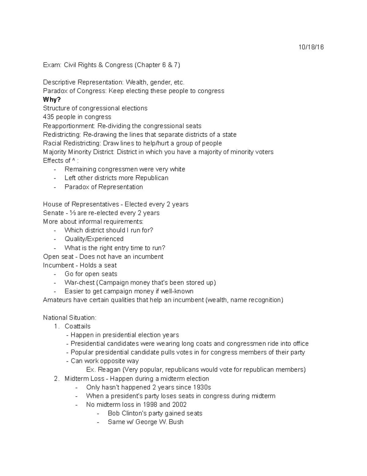 Chapter 6 and 7 - Lecture notes 6-7 - 10/18/ Exam: Civil Rights ...