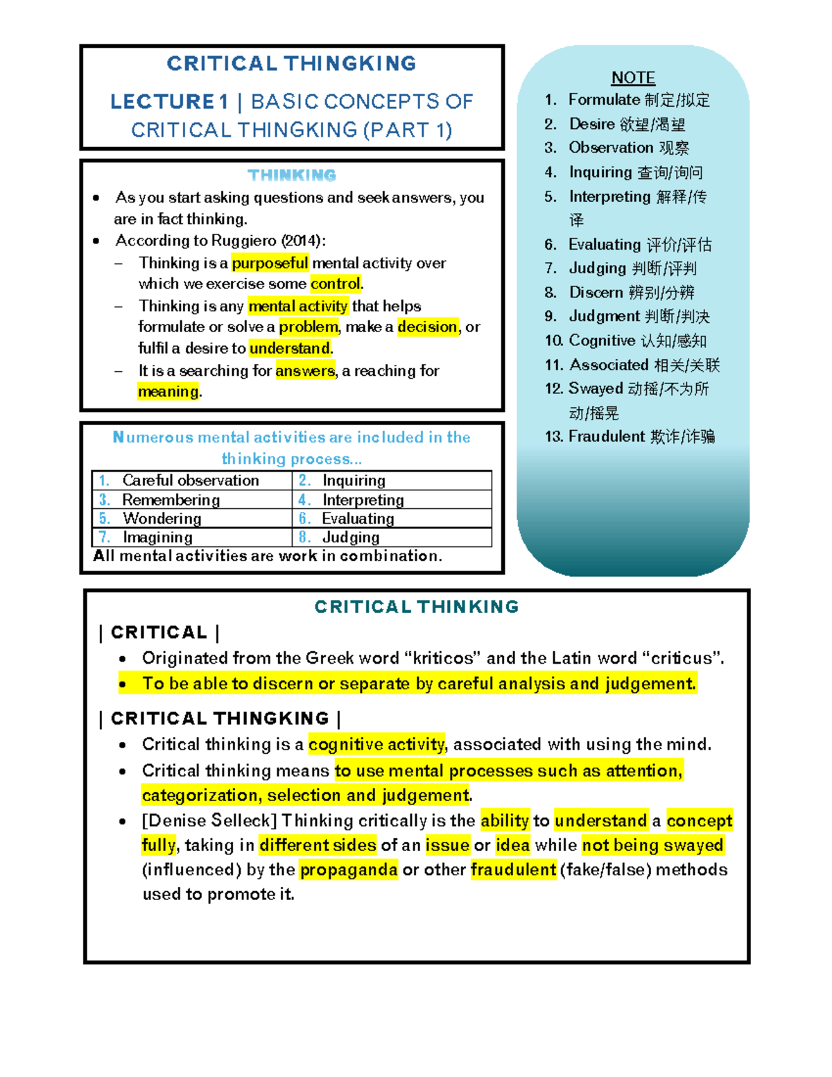 Note Critical Thinking Lecture 1 And 2 Critical Thingking Lecture 1 Basic Concepts Of Critical