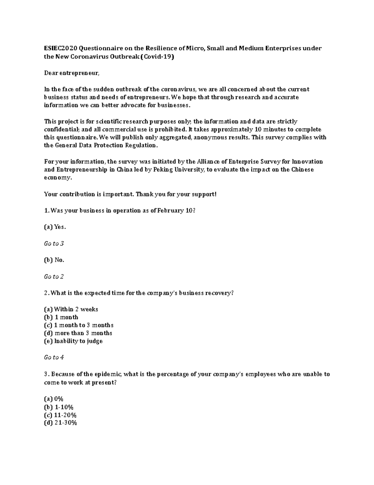 Coronavirus SME survey instrument english - ESIEC2020 Questionnaire on ...