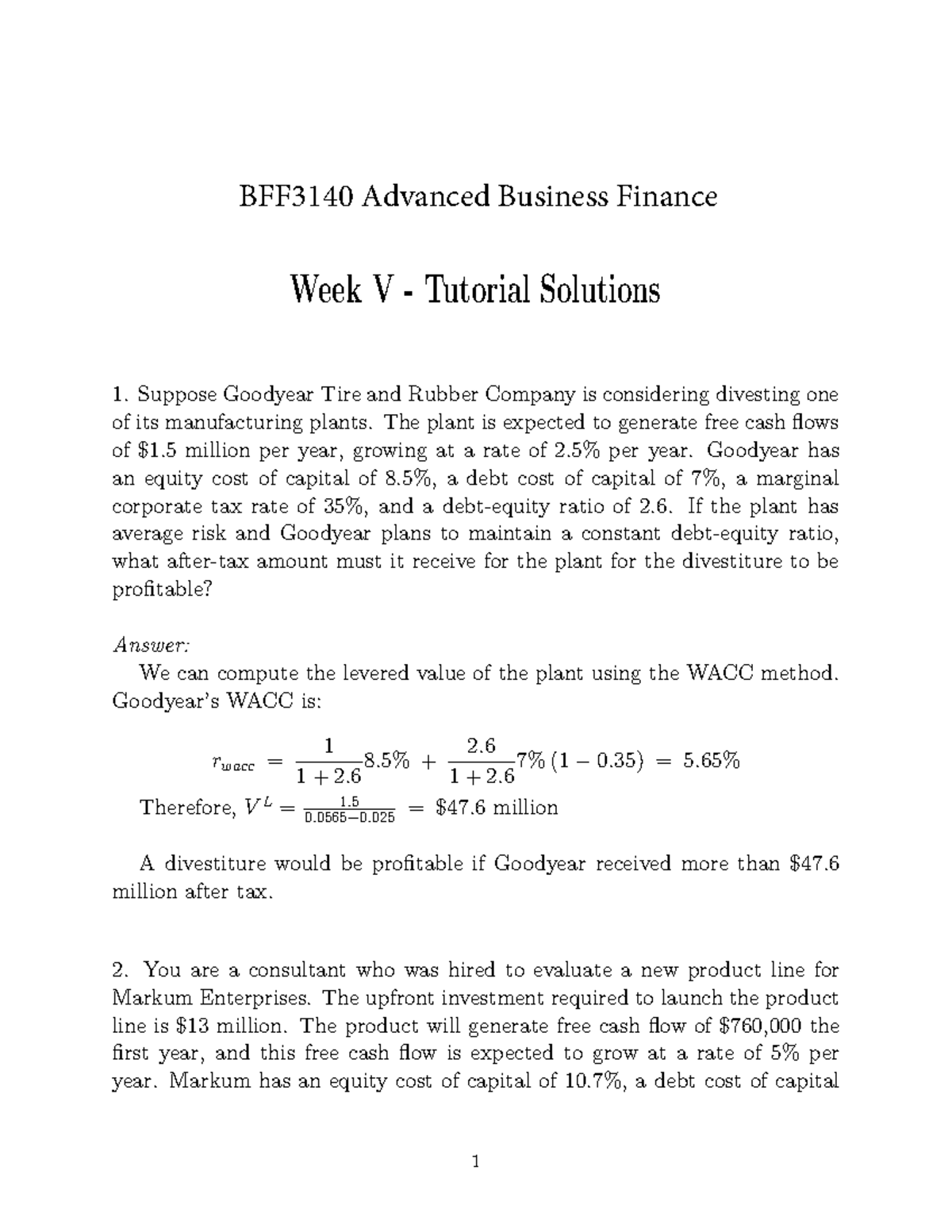 Week 5 - Tutorial Solutions - rwacc = 1 1 + 2. 68 .5% + 2. 6 1 + 2% ( − ... Week 5 - Tutorial Solutions - rwacc = 1 1 + 2. 68 .5% + 2. 6 1 + 2% ( − ...
