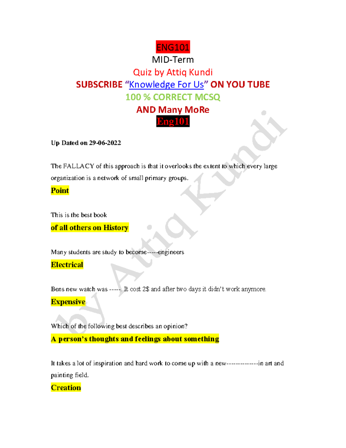 595870173 ENG101 MID Term by Attiq Kundi updated on 29 06 2022 - ENG MID-Term Quiz by Attiq ...