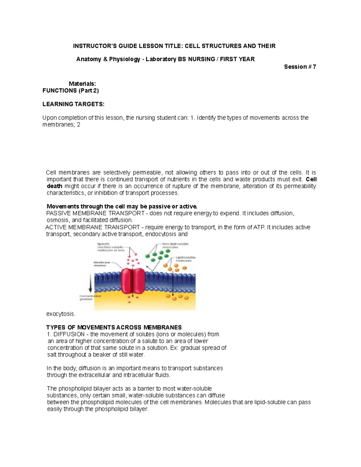 Anaphy LAB SAS 7 - INSTRUCTOR’S GUIDE LESSON TITLE: CELL STRUCTURES AND ...