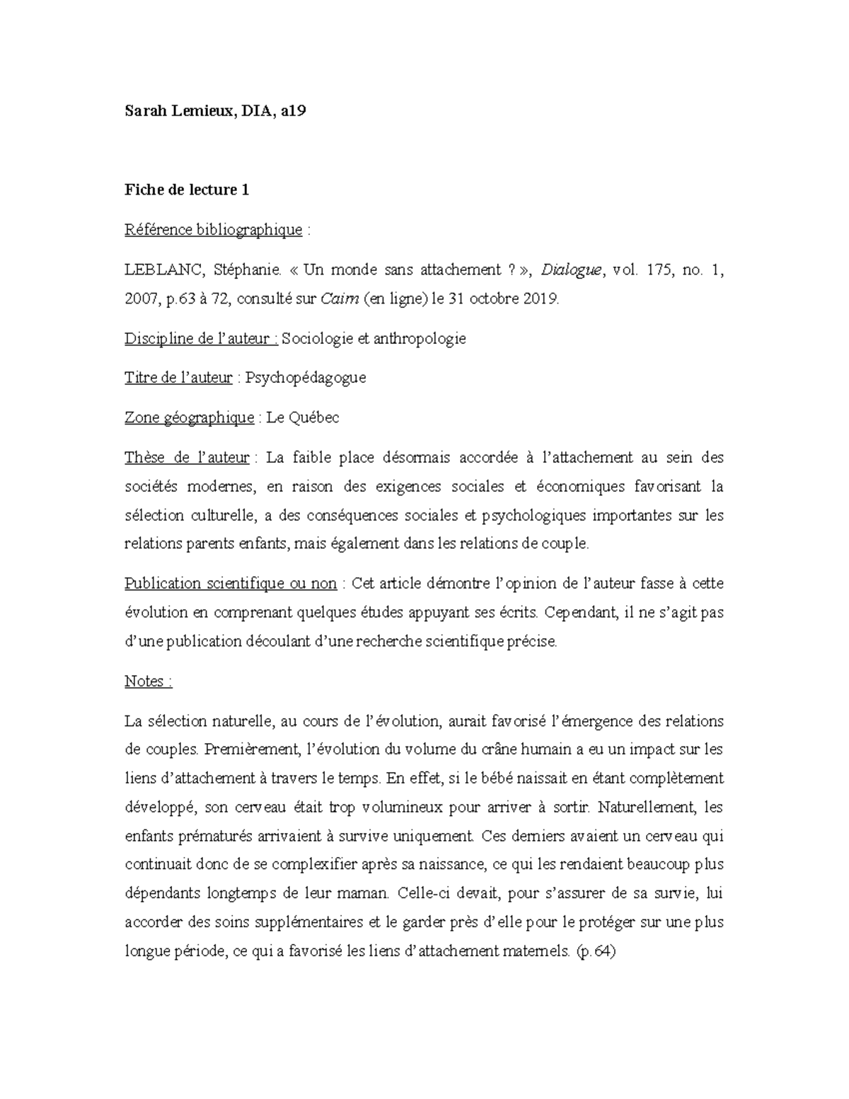 Exemple fiches de lecture dia a22 - Sarah Lemieux, DIA, a Fiche de ...