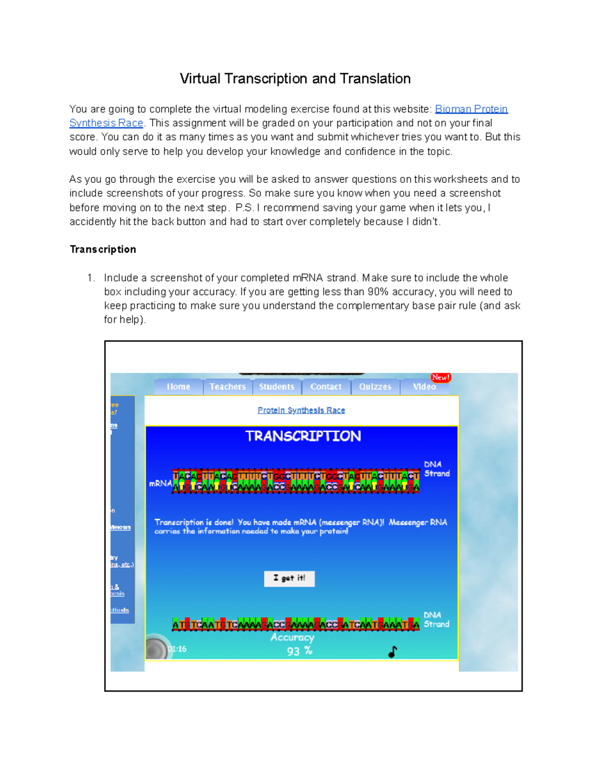 Correct Copy of Transcription and Translation Virtual Lab - Virtual ...