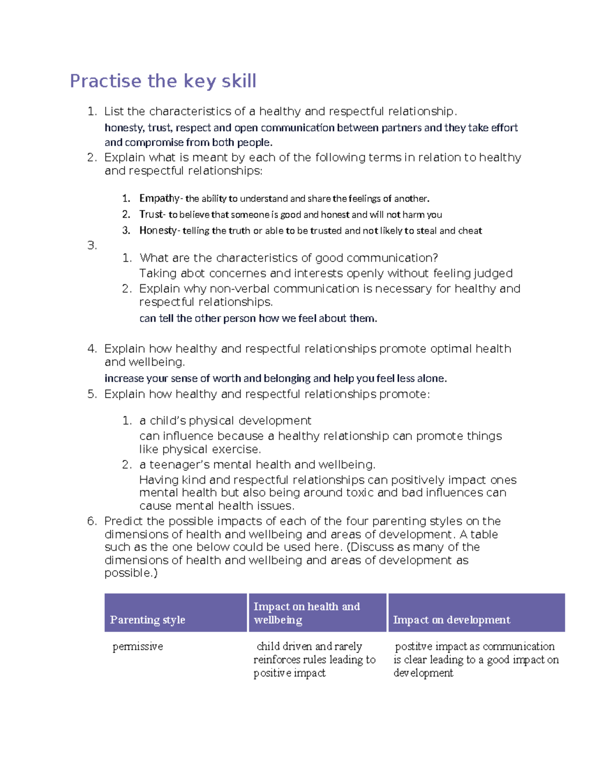 Chapter 8 review - hhd - Practise the key skill 1. List the ...