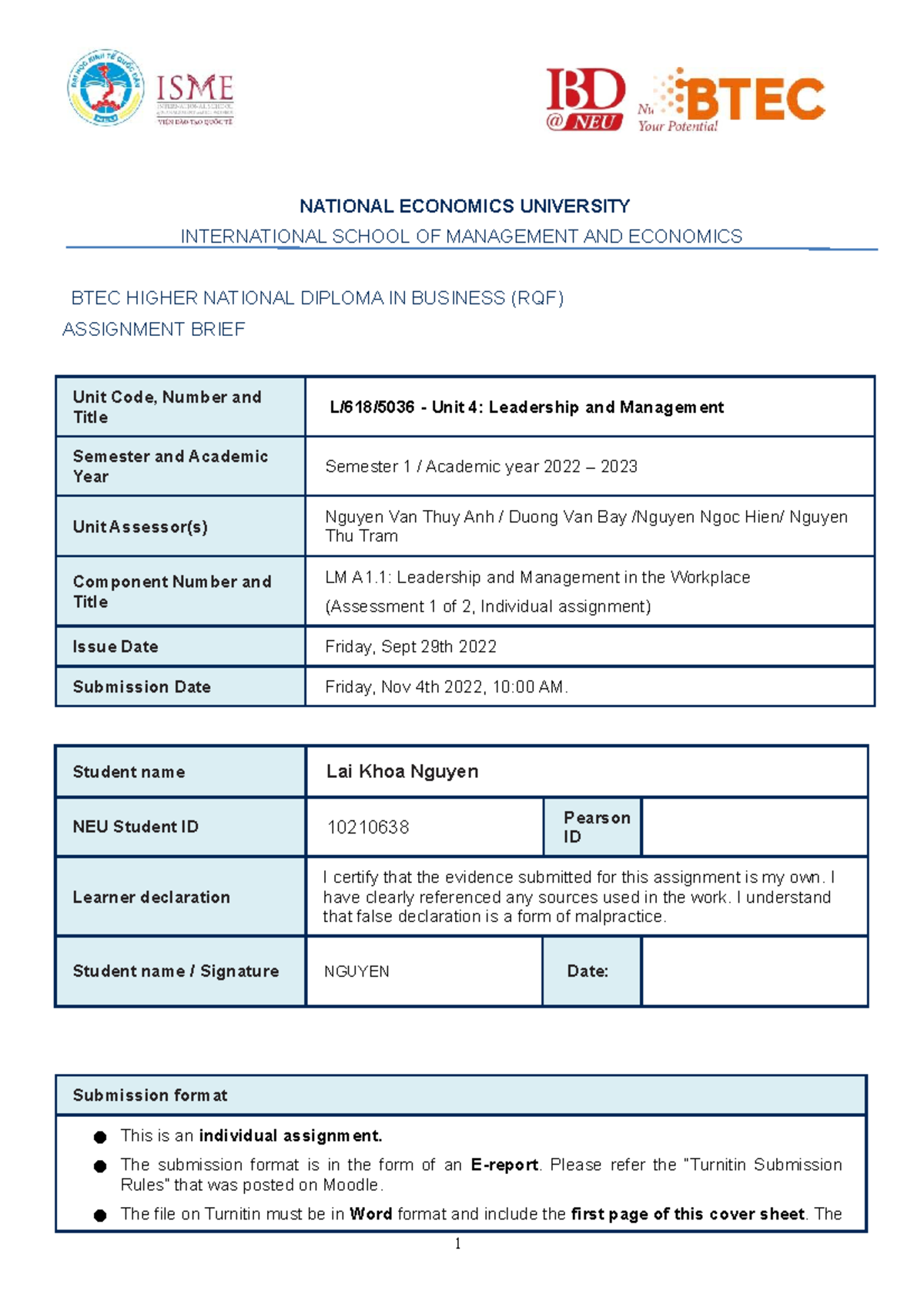 LM - A1 2022 FALL - Final - Case study - NATIONAL ECONOMICS UNIVERSITY INTERNATIONAL SCHOOL OF ...