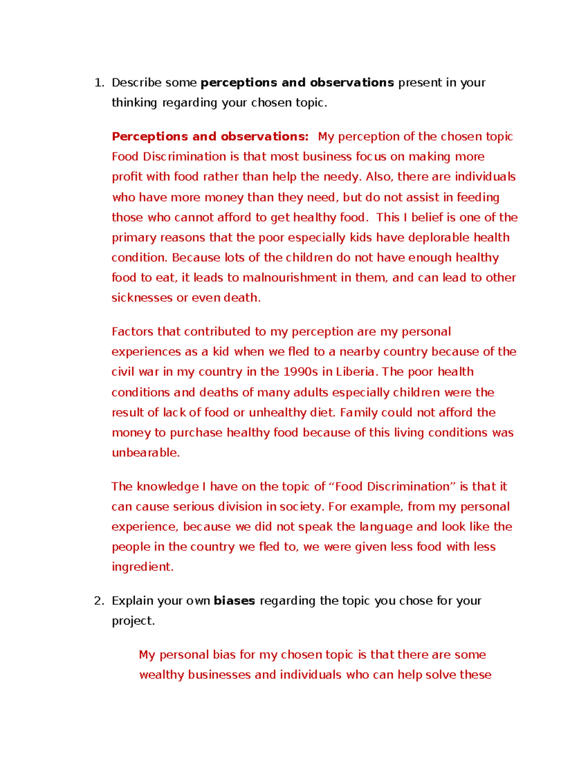 HUM102 Assignment 3(Short Answer) - Describe some perceptions and ...