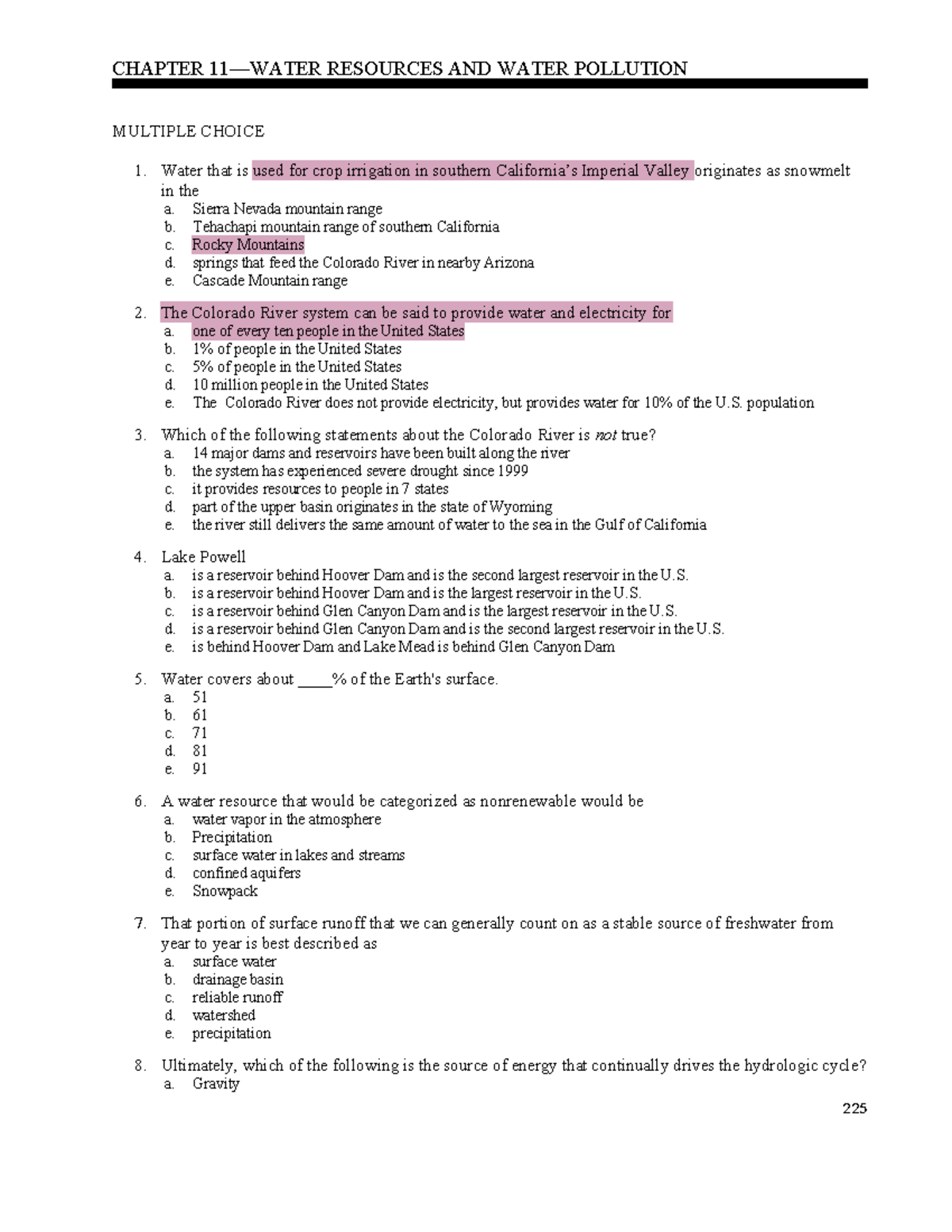 Chap 11 - CHAPTER 11—WATER RESOURCES AND WATER POLLUTION MULTIPLE ...