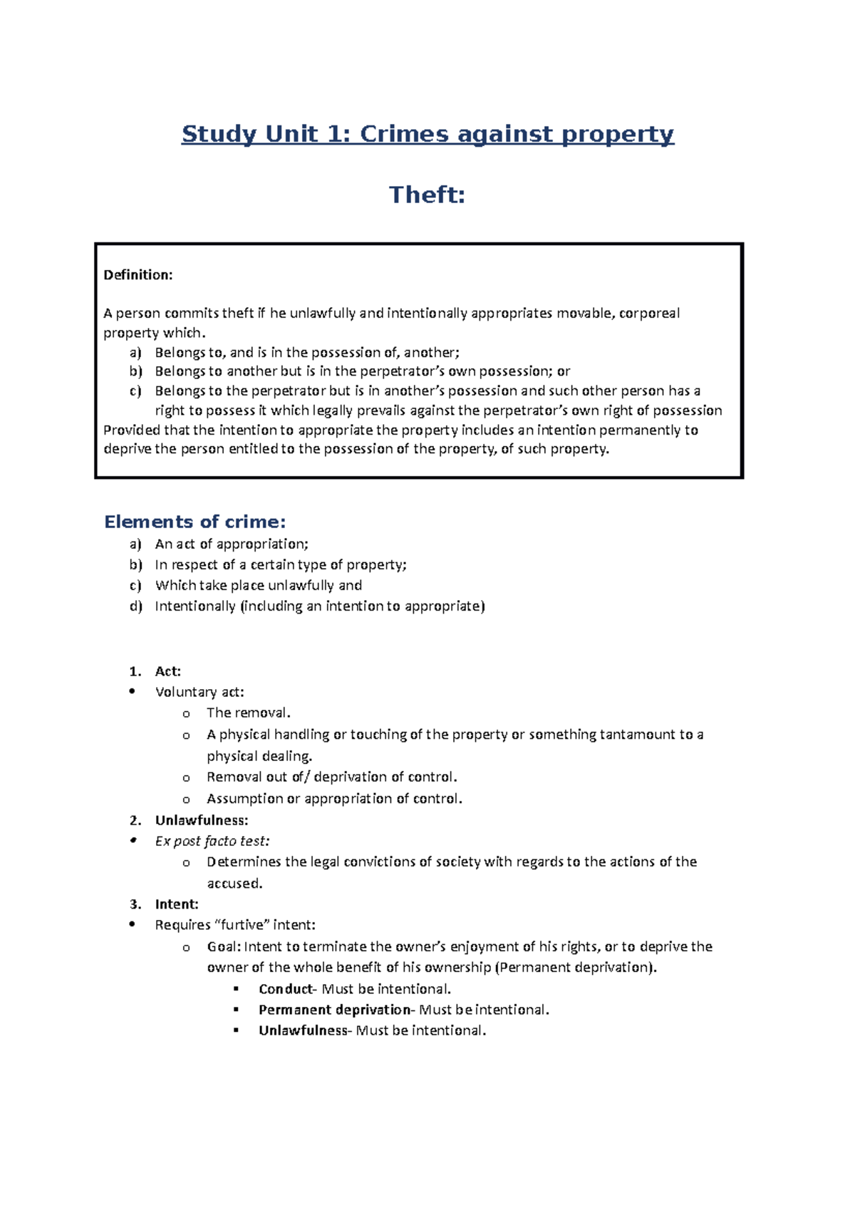 Class notes - Study Unit 1: Crimes against property Theft: Definition ...