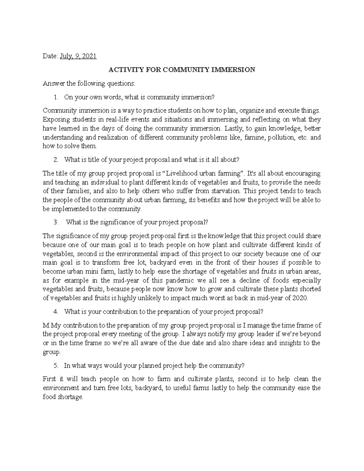 Community Immersion - Date: July, 9, 2021 ACTIVITY FOR COMMUNITY ...