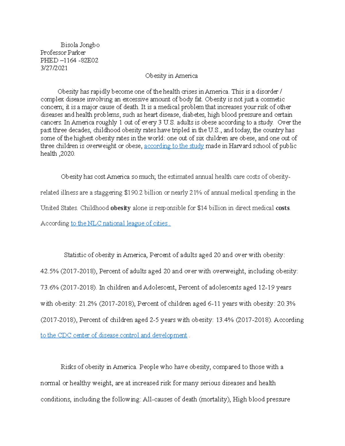 Obesity research paper - Bisola Jongbo Professor Parker PHED –1164 -82E ...