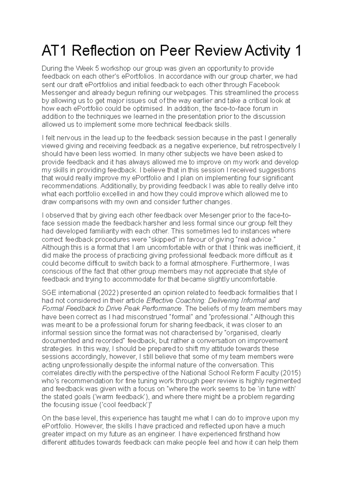 AT1 Reflection on Peer Review Activity - In accordance with our group ...