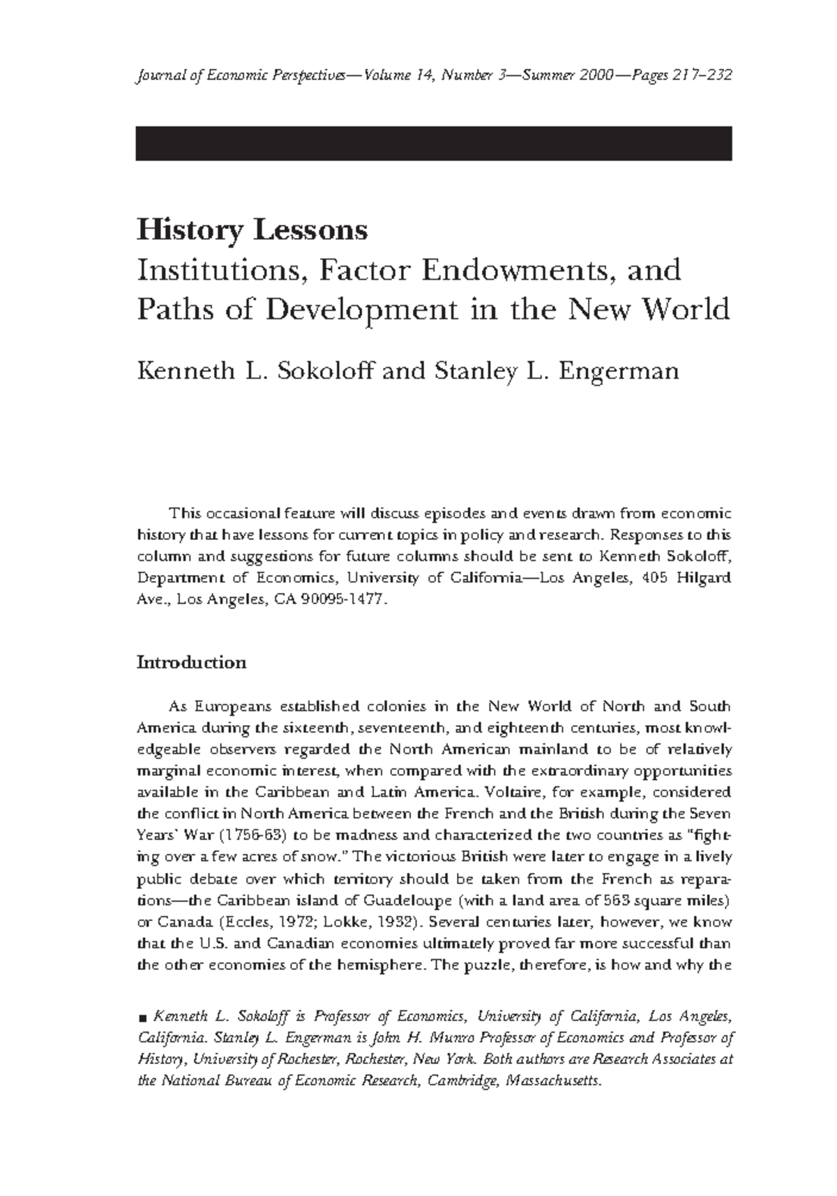 Sokoloff-Engerman. Institutions, Factor Endowments (JEP2000 ) - History ...