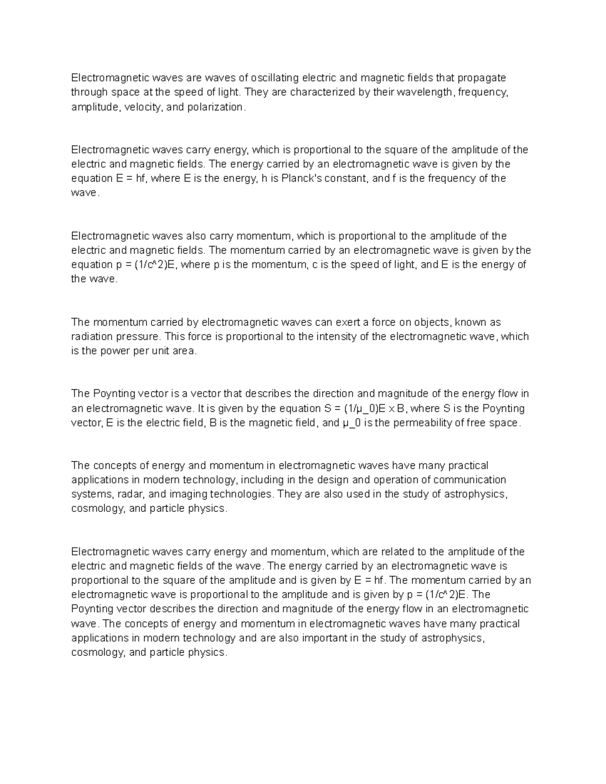 Energy and Momentum in Electromagnetic Waves Notes - Electromagnetic ...