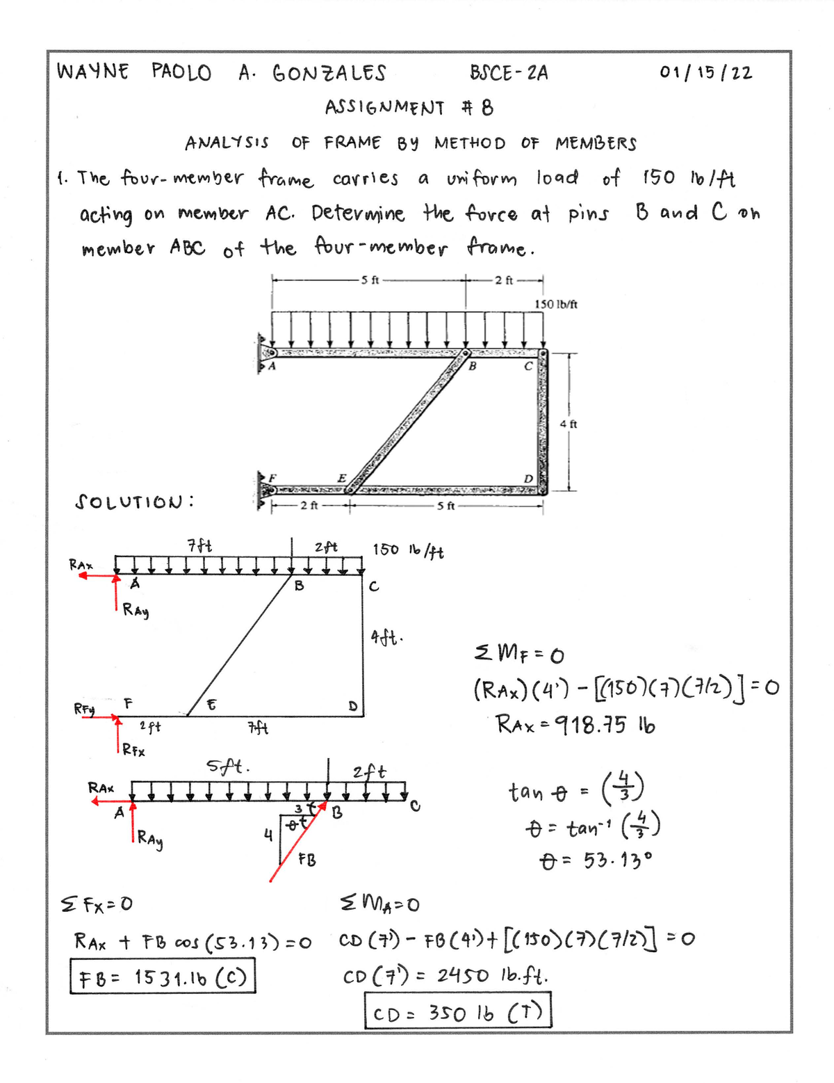 STATICS OF RIGID BODIES 8 - WAYNE PAOLO A. GONZALES ASSIGNMENT 8 ...