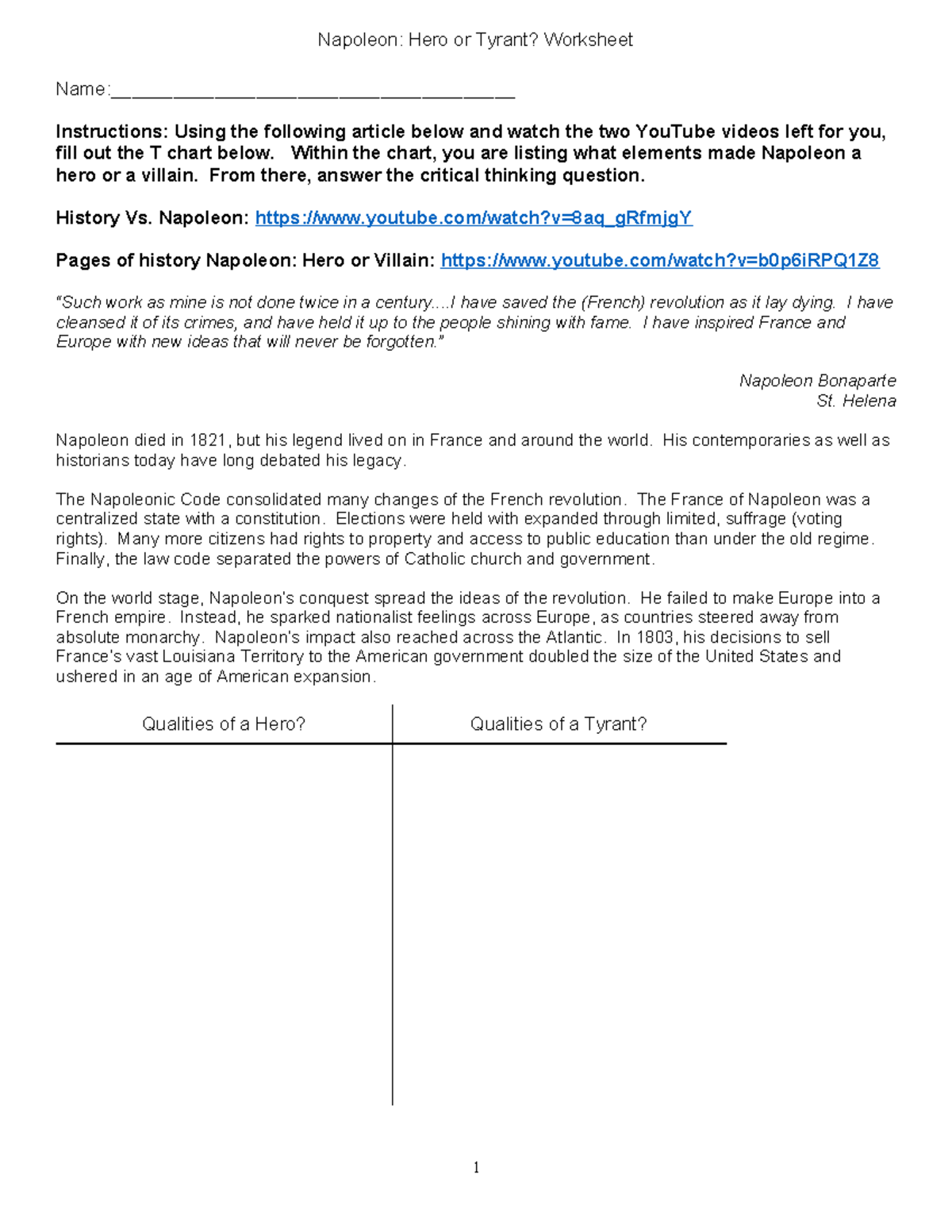 Napoleon Hero or Villain - Napoleon: Hero or Tyrant? Worksheet - Studocu