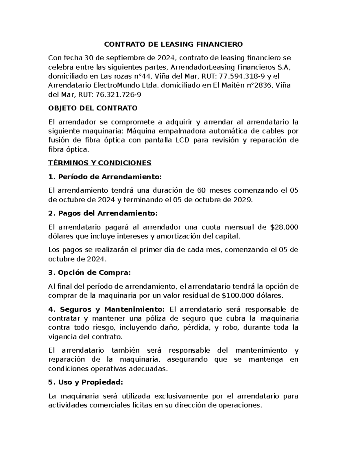 Contrato DE Leasing Financiero - CONTRATO DE LEASING FINANCIERO Con ...