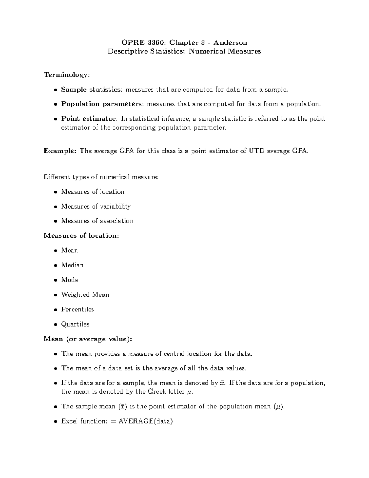 Lecture 3 - N/A - OPRE 3360: Chapter 3 - Anderson Descriptive Statistics: Numerical Measures ...