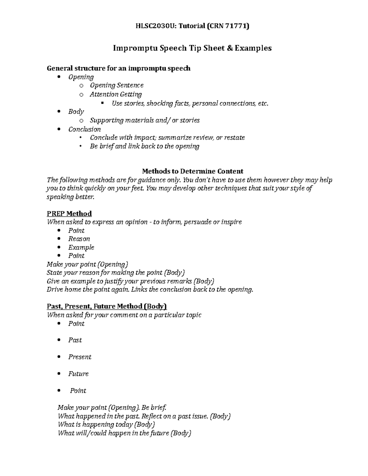 Impromptu Speech Tip Sheet & Examples - HLSC2030U: Tutorial (CRN 71771 ...