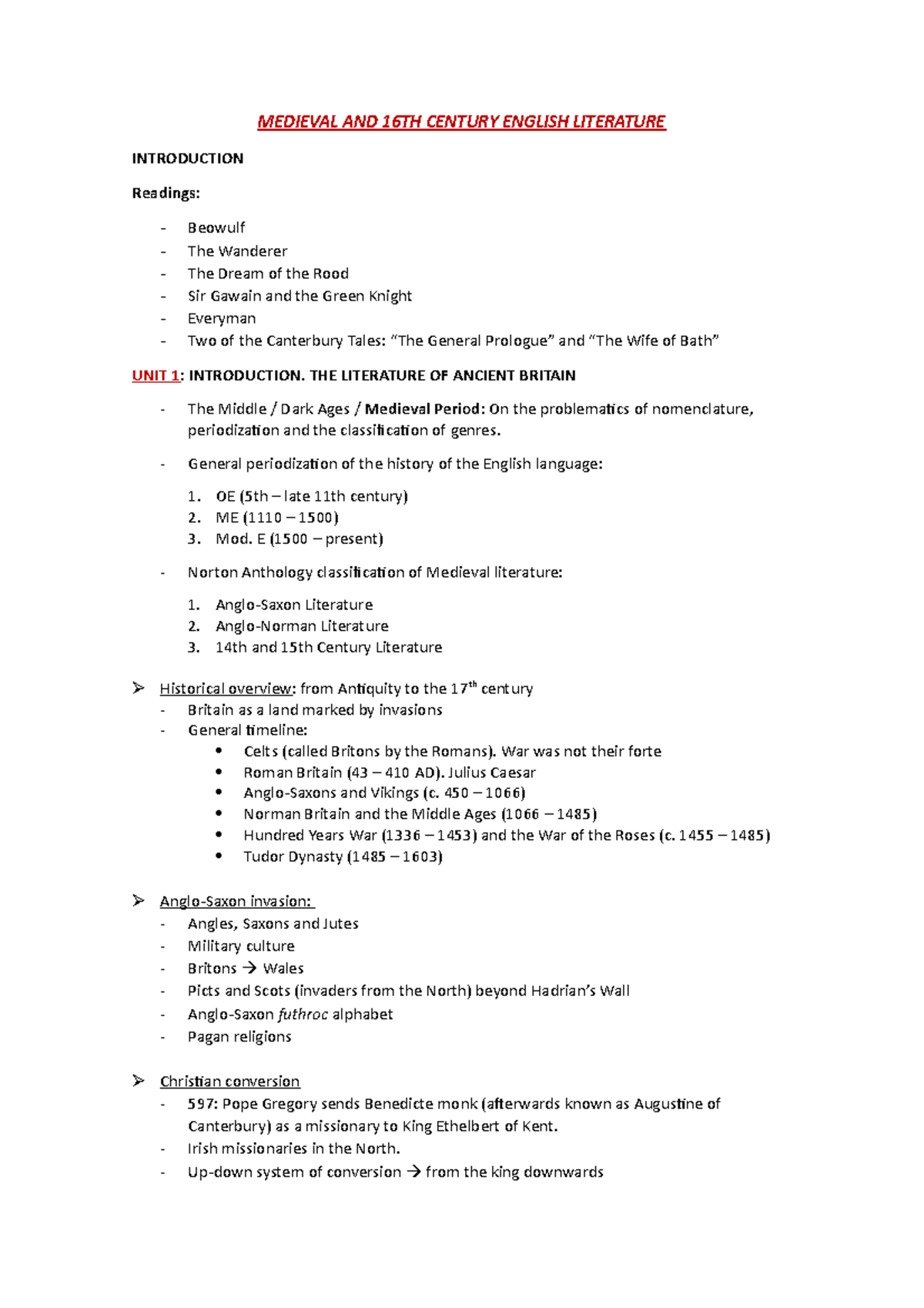 Medieval Lit Class Notes - MEDIEVAL AND 16TH CENTURY ENGLISH LITERATURE ...