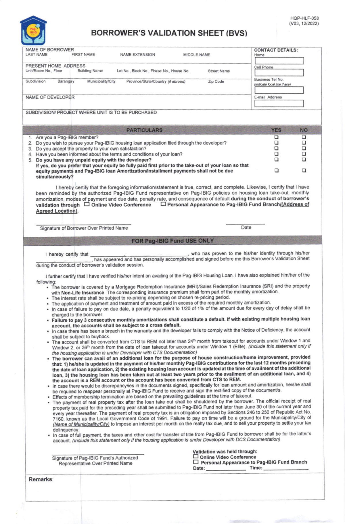 Borrower'S Validation Sheet - HOP-HLF N03,1212022) BORROWER'S ...