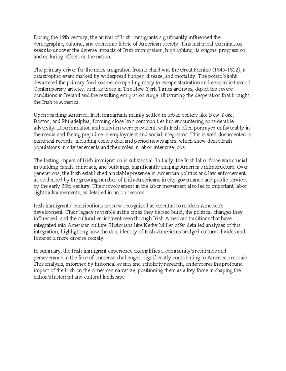 Essay 6-5 - During the 19th century, the arrival of Irish immigrants ...
