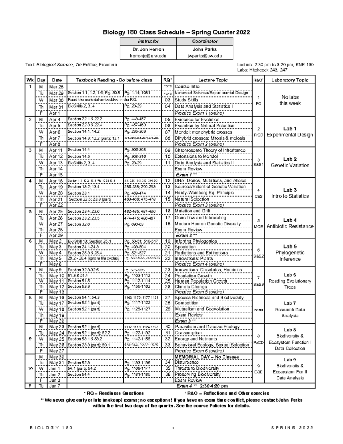 Syllabus B180 Spr22 - Practice exam questions- Prof. Jon Herron - B I O ...