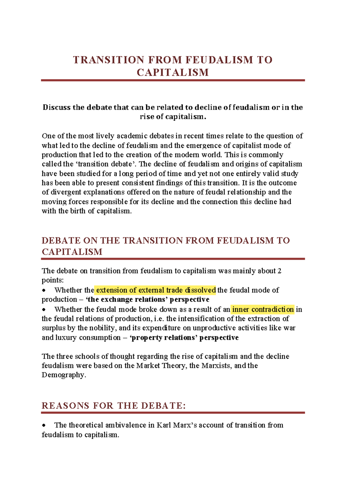 Feud to capitalism debate - TRANSITION FROM FEUDALISM TO CAPITALISM ...