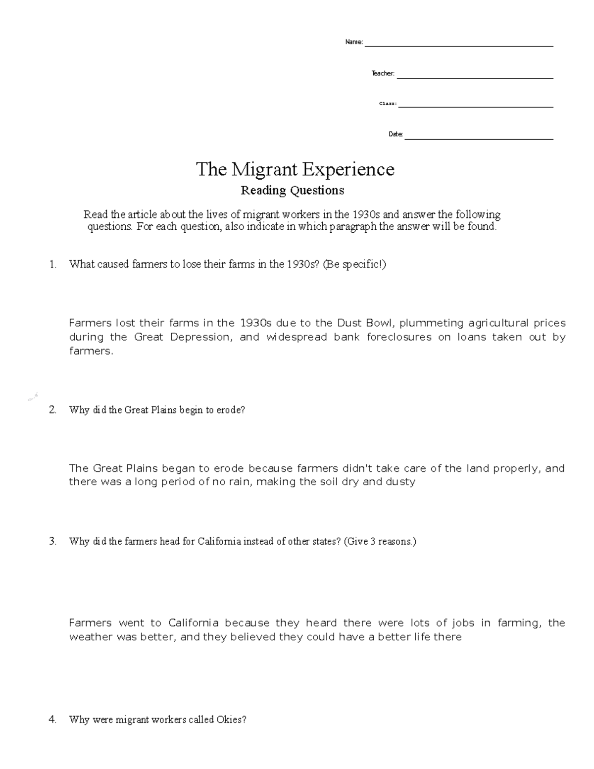 The Migrant Experience - Name: Teacher: Class: Date: The Migrant ...