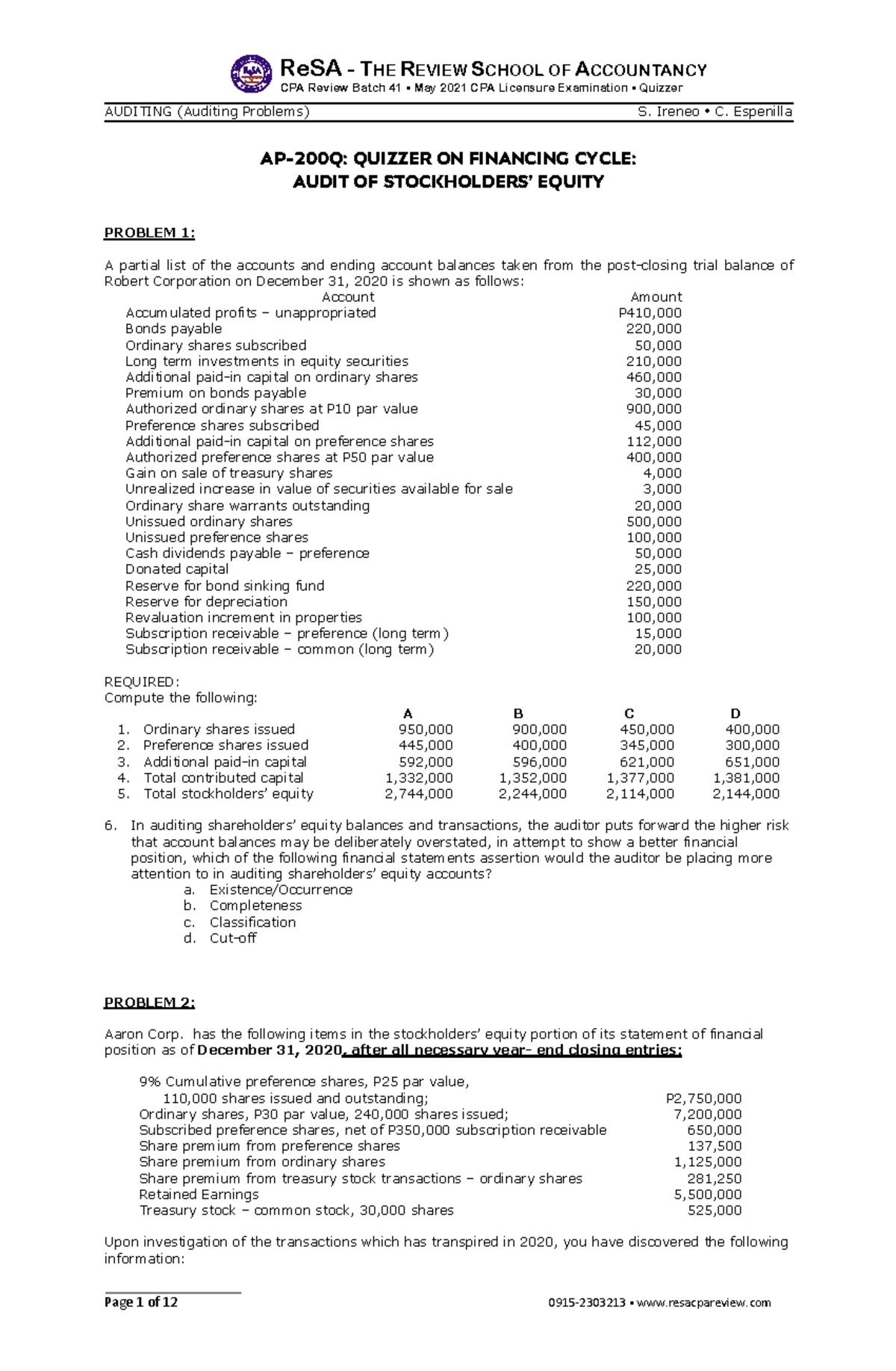 Questions - auditing problem - ReSA - THE REVIEW SCHOOL OF ACCOUNTANCY CPA Review Batch 41 May ...
