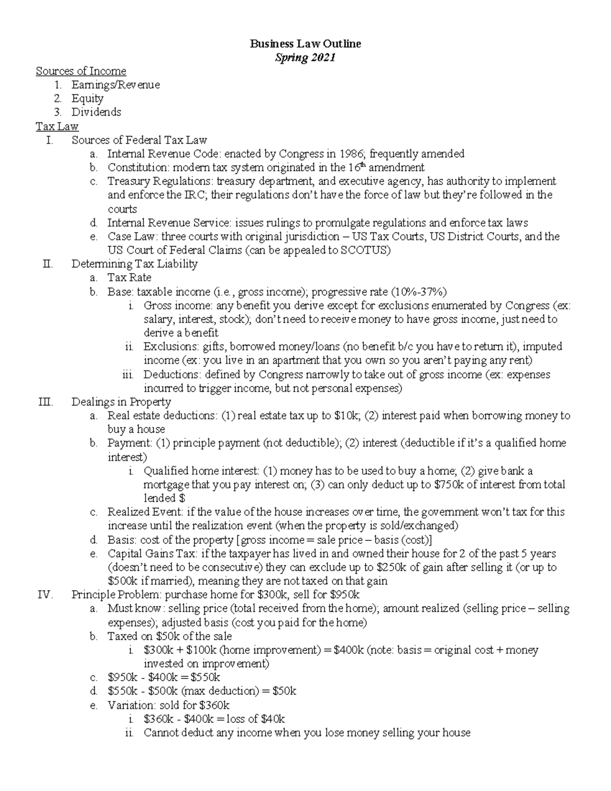 Business Law Outline - Business Law Outline Spring 2021 Sources of ...